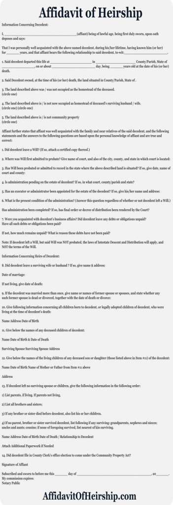 Free Affidavit of Heirship - Free Affidavit of Heirship Form
